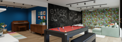 Fun Family Entertainment Basement with Piano | Decorilla