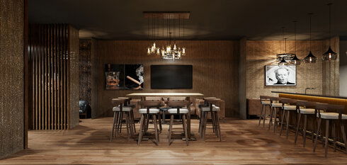 Moody Cigar Lounge Design with Outdoor Patio | Decorilla