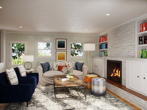 Colorful Den with Wood Paneling Walls Decor | Decorilla