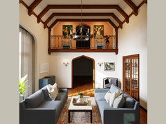 Vaulted Ceiling Tudor Living Room Design | Decorilla