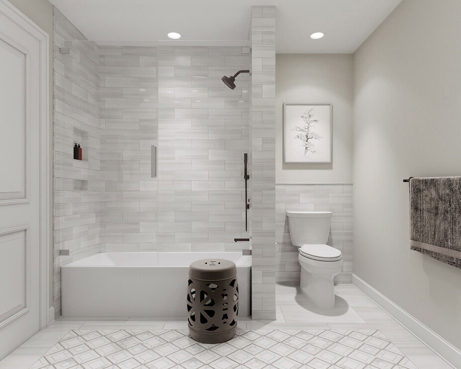 Calming Grey Transitional Bathroom Design | Decorilla