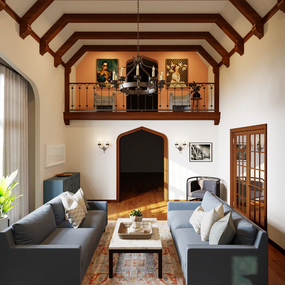 Vaulted Ceiling Tudor Living Room Design | Decorilla