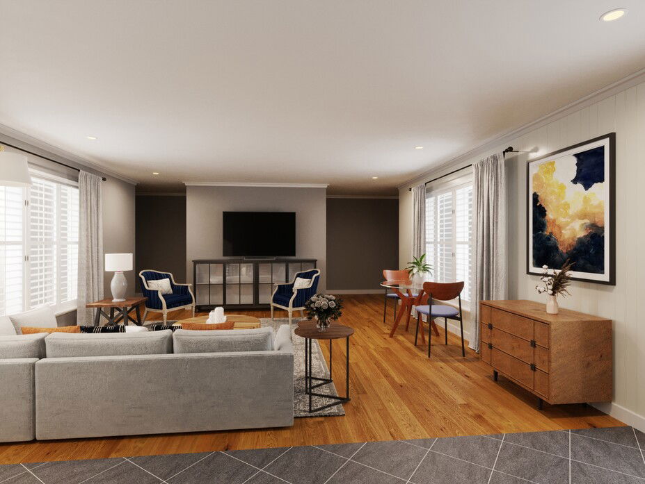 Colorful Den with Wood Paneling Walls Decor | Decorilla