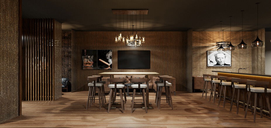 Moody Cigar Lounge Design with Outdoor Patio | Decorilla