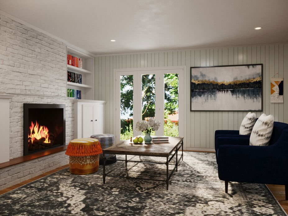 Colorful Den with Wood Paneling Walls Decor | Decorilla