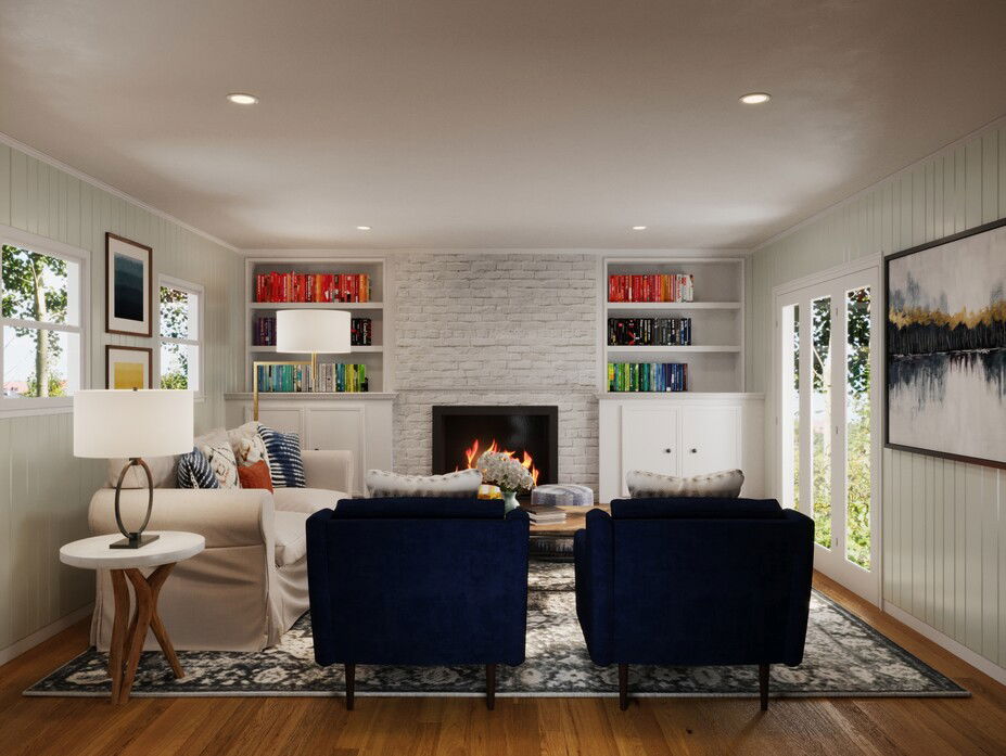 Colorful Den with Wood Paneling Walls Decor | Decorilla